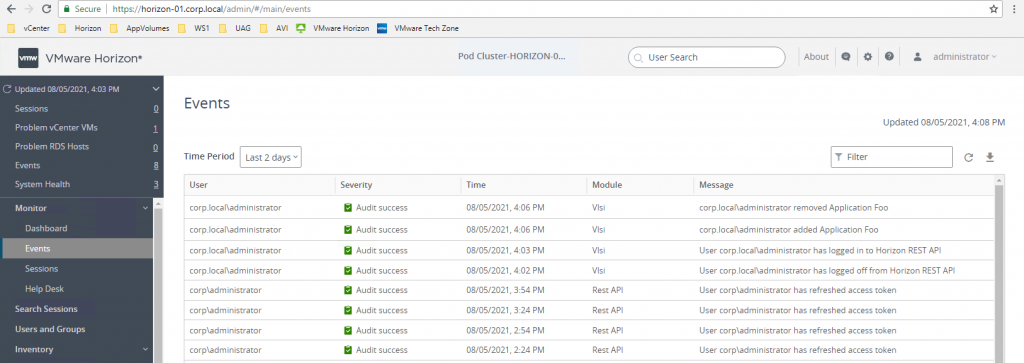 Listing all VMware Horizon Events
